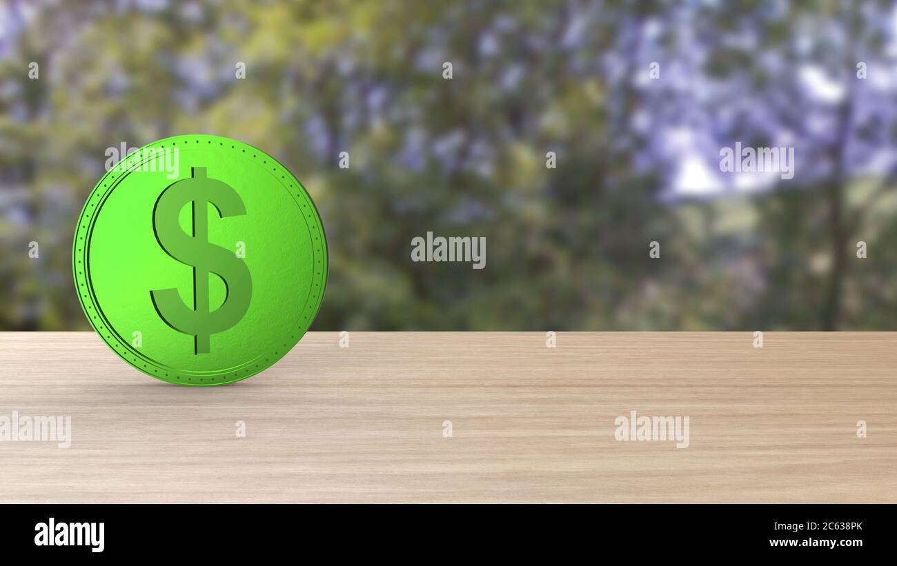 Green dollar coin Isolated over forest trees blur. 3d render isolated ...