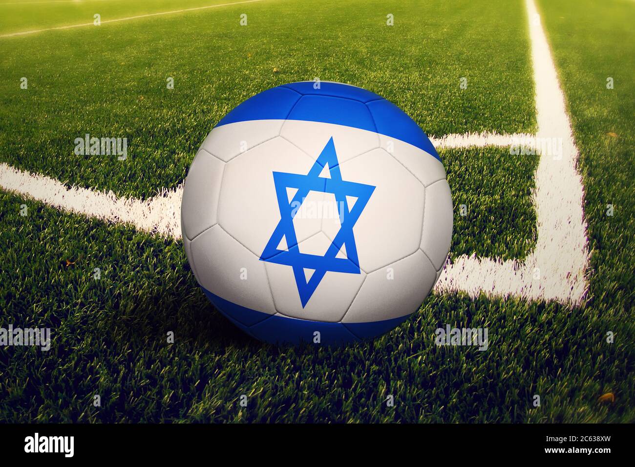 Israel flag on ball at corner kick position, soccer field background ...