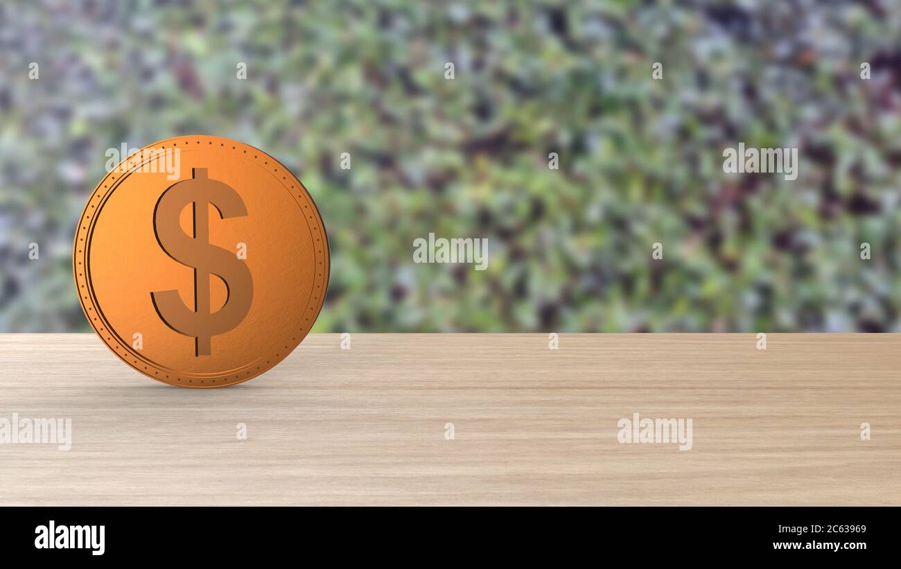 Orange dollar coin Isolated on blur leaves background. 3d render ...