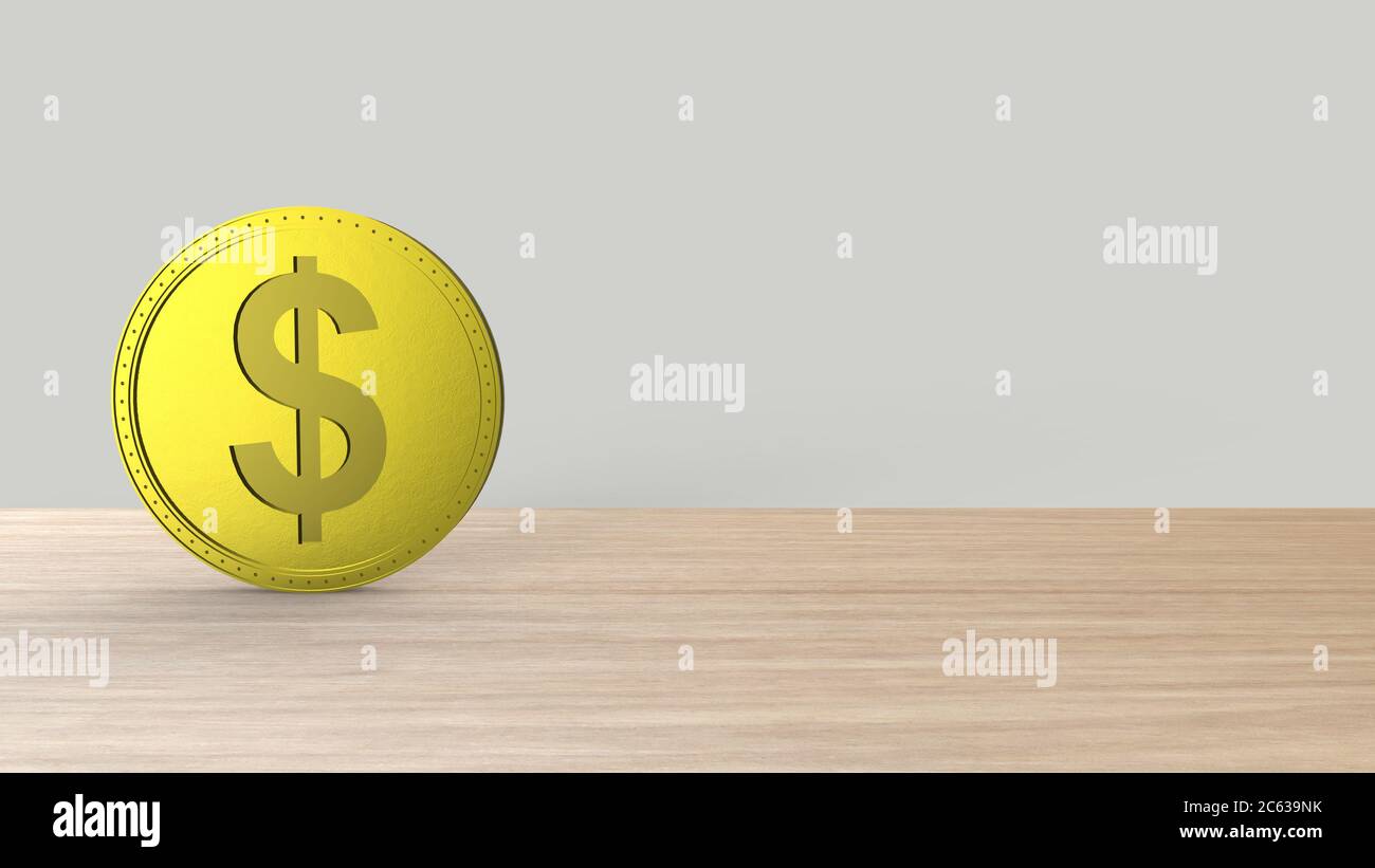 Yellow dollar coin Isolated on gray light background. 3d render ...