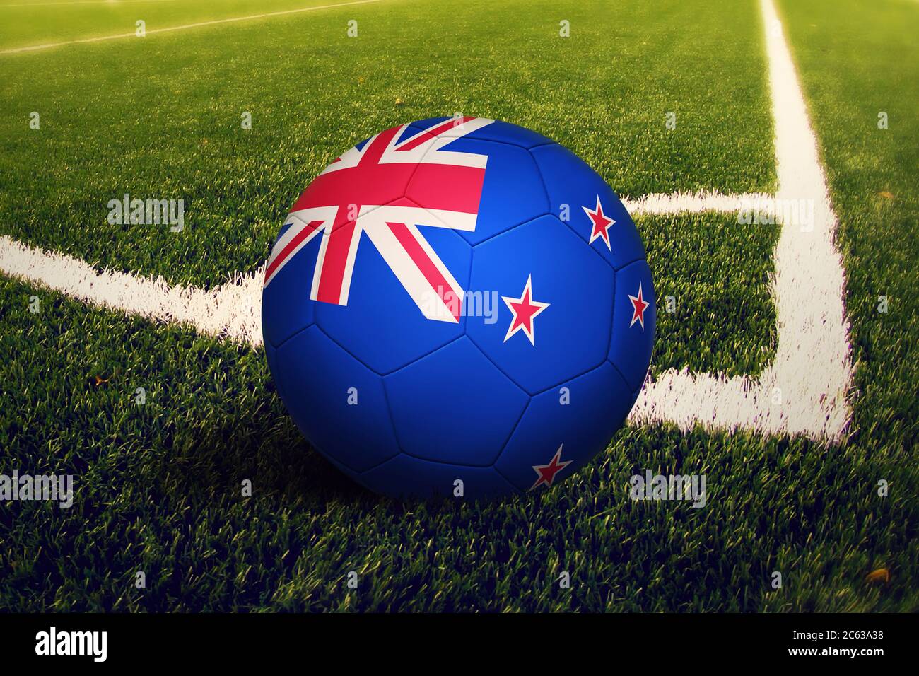 New Zealand flag on ball at corner kick position, soccer field ...