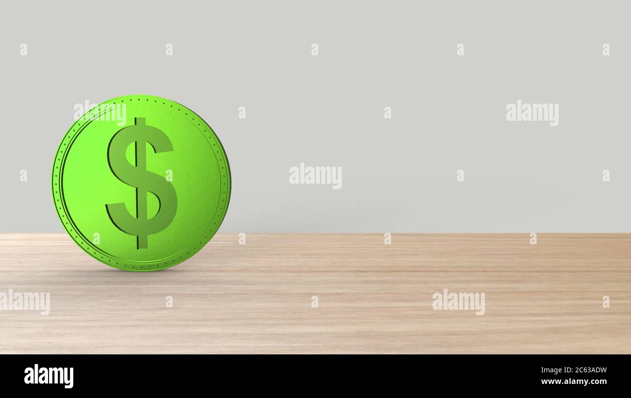Green dollar coin Isolated on gray light background. 3d render isolated ...