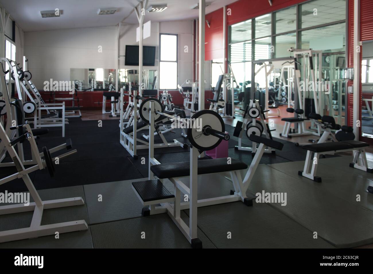 Modern Gym Room Fitness Center With Equipment And Machines Stock Photo ...