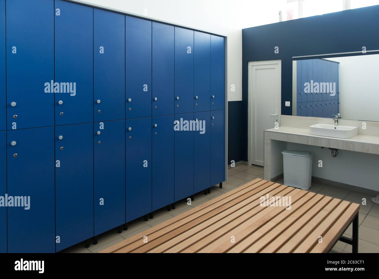 Modern Interior Of A Blue Locker Changing Room In Fitness Center Gym ...