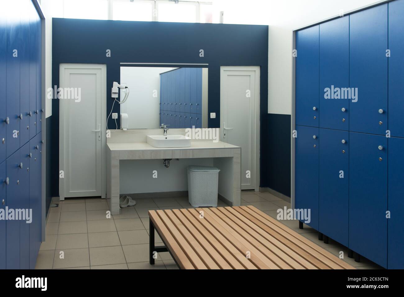 Modern Interior Of A Blue Locker Changing Room In Fitness Center Gym ...