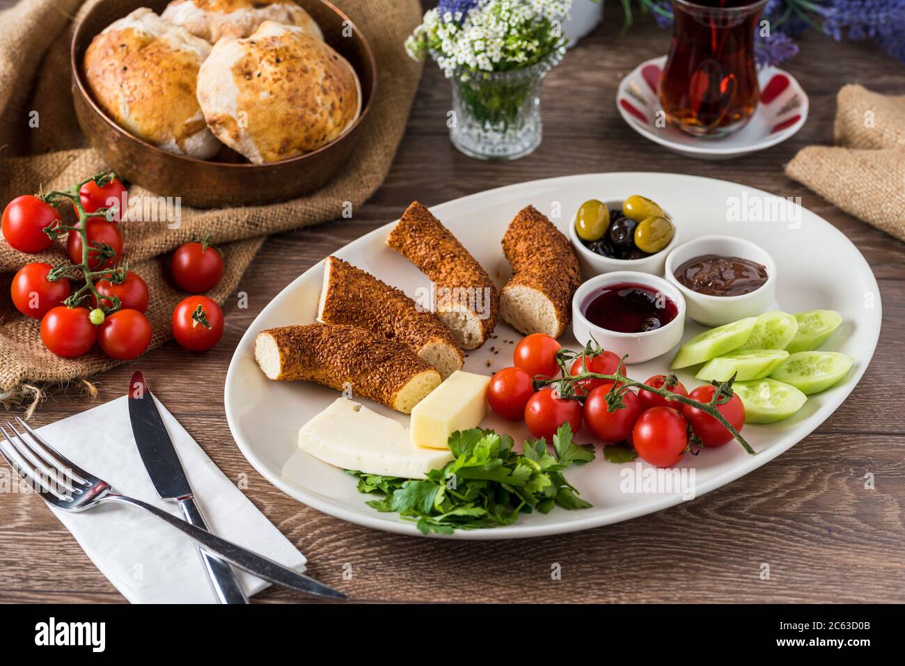 Delicious traditional turkish breakfast on table Stock Photo - Alamy