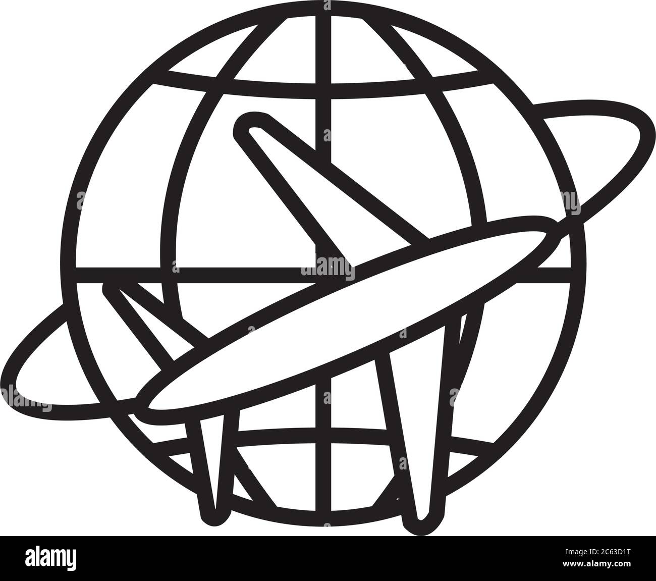 global sphere with airplane around over white background, line style ...