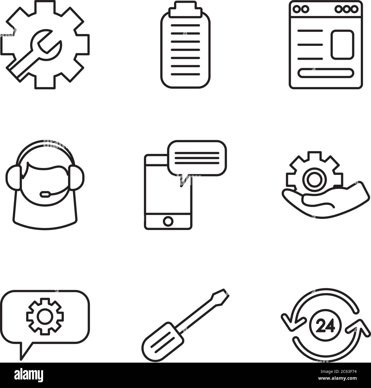 smartphone and support service icon set over white background, line ...