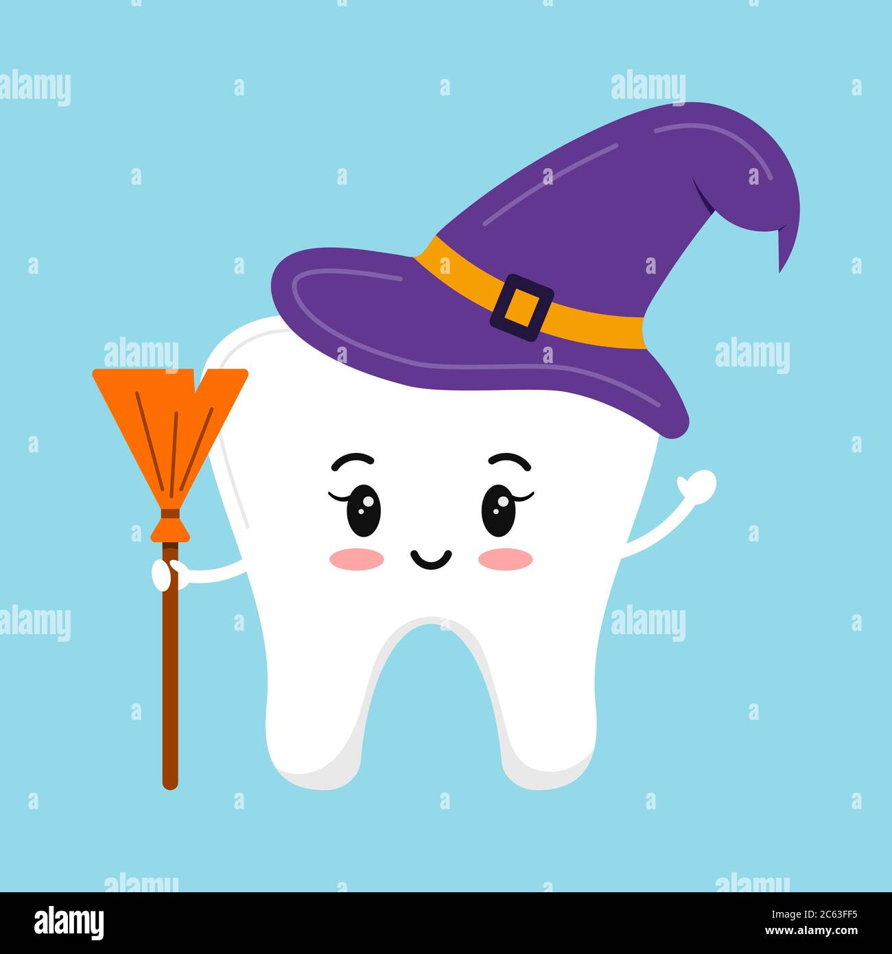 Witch tooth with purple magic hat and broom isolated vector icon Stock ...