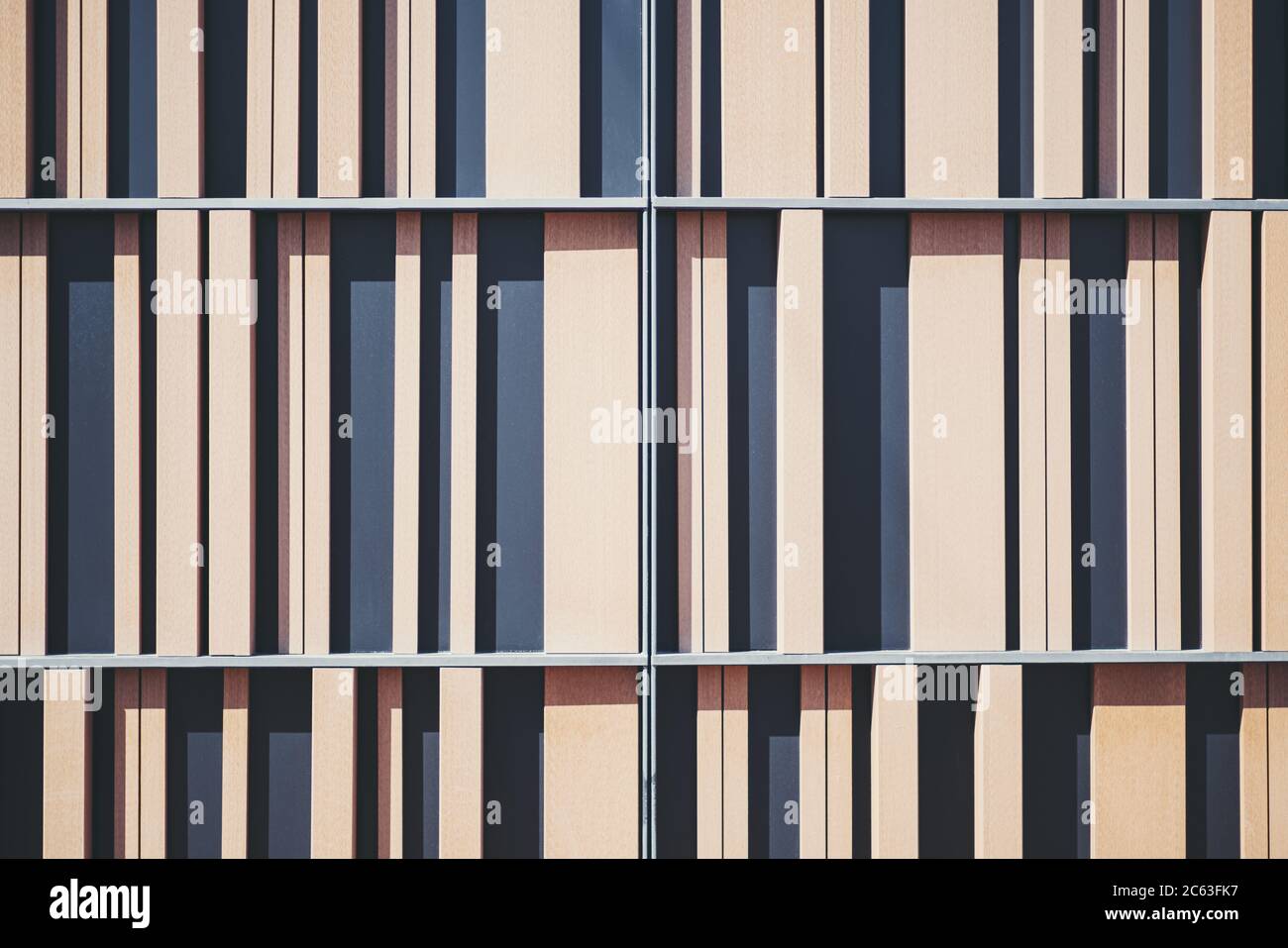 Frontal view of an abstract wooden and metal contemporary building ...