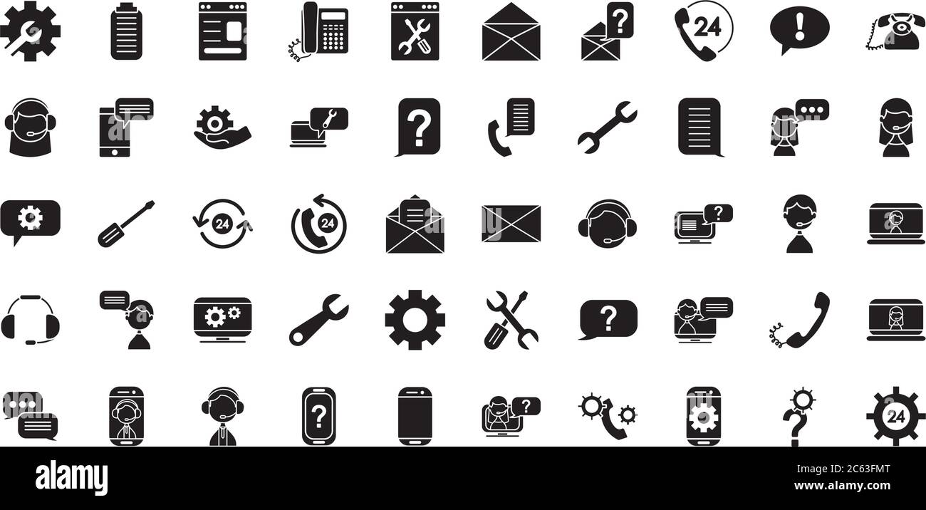 support service icon set over white background, silhouette style ...