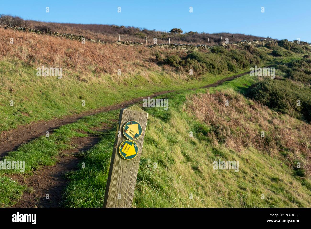Public footpath signs on the South West Coast Path in Devon Stock Photo ...