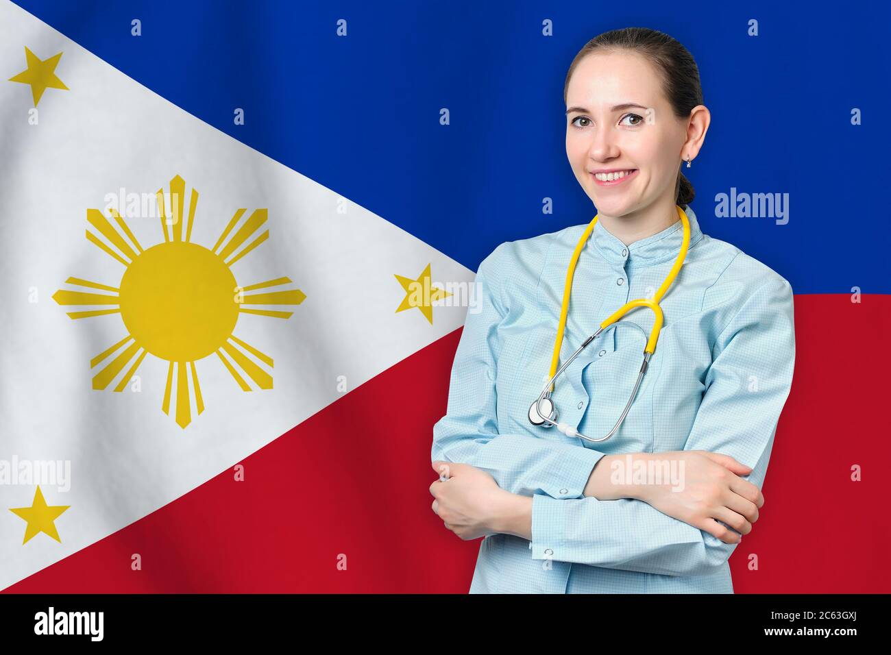 Republic of the Philippines healthcare concept with doctor on flag ...