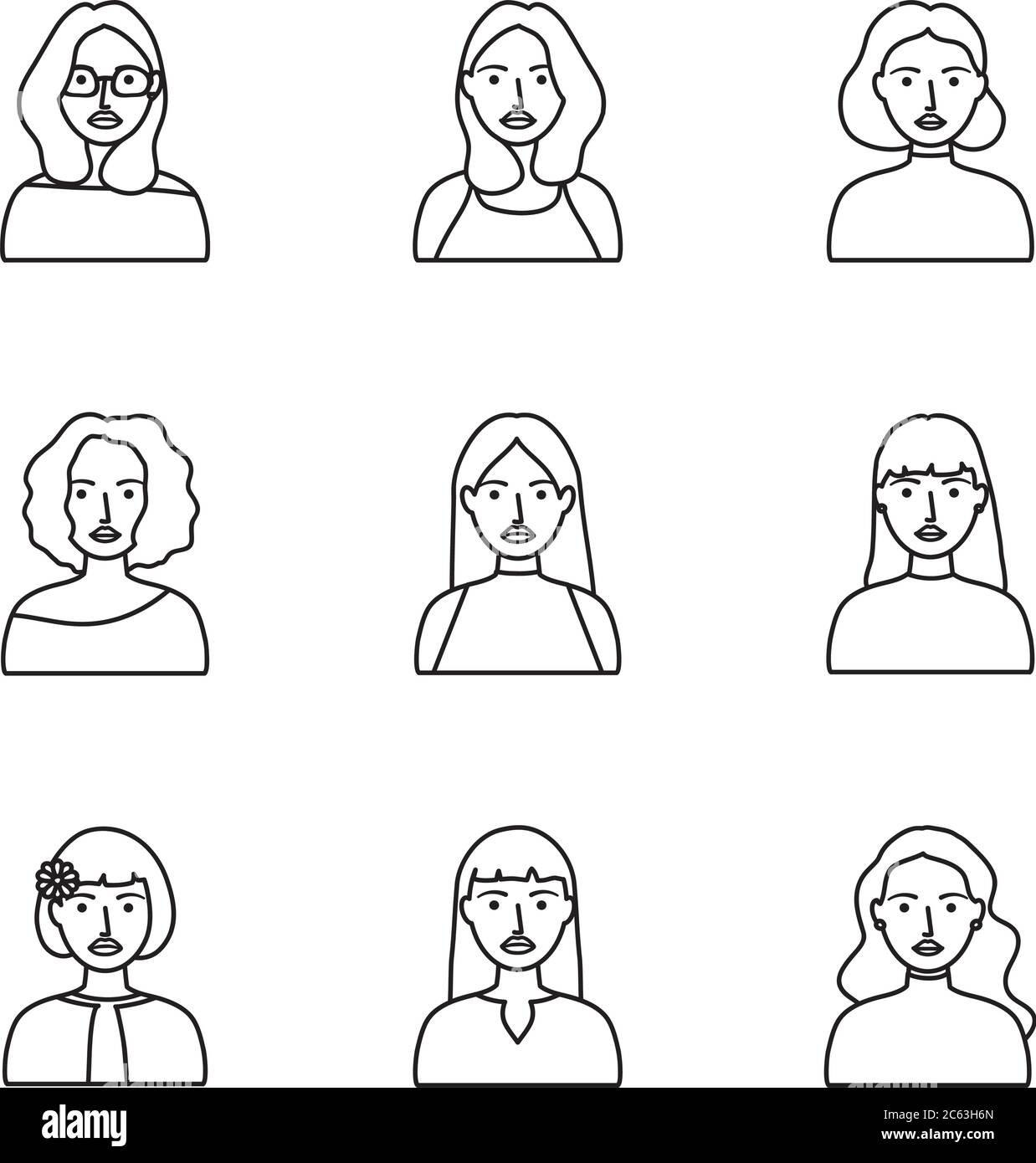 avatar women icon set over white background, line style, vector ...