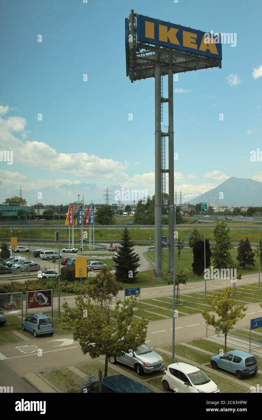 Collegno, Italy - summer 2020: flags in the wind in the ikea store seen ...
