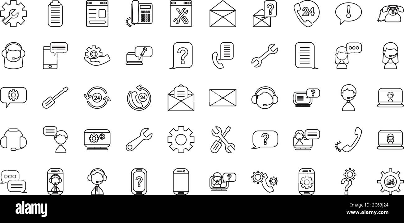 support service icon set over white background, line style, vector ...