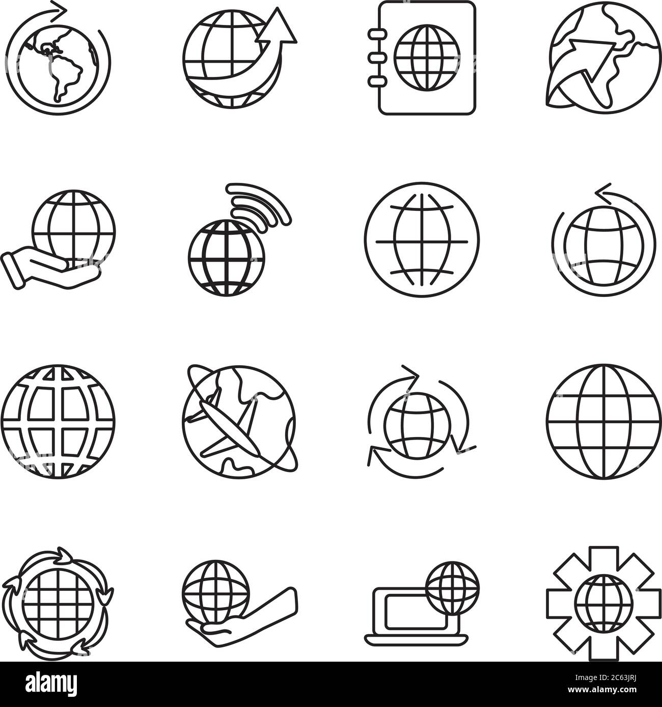 gear wheel and world icon set over white background, line style, vector ...