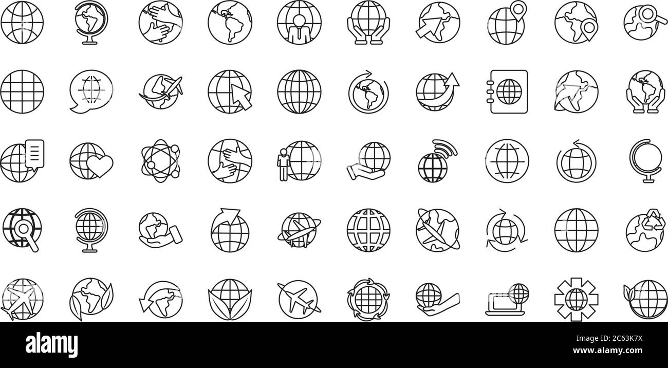 global spheres icon set over white background, line style, vector ...