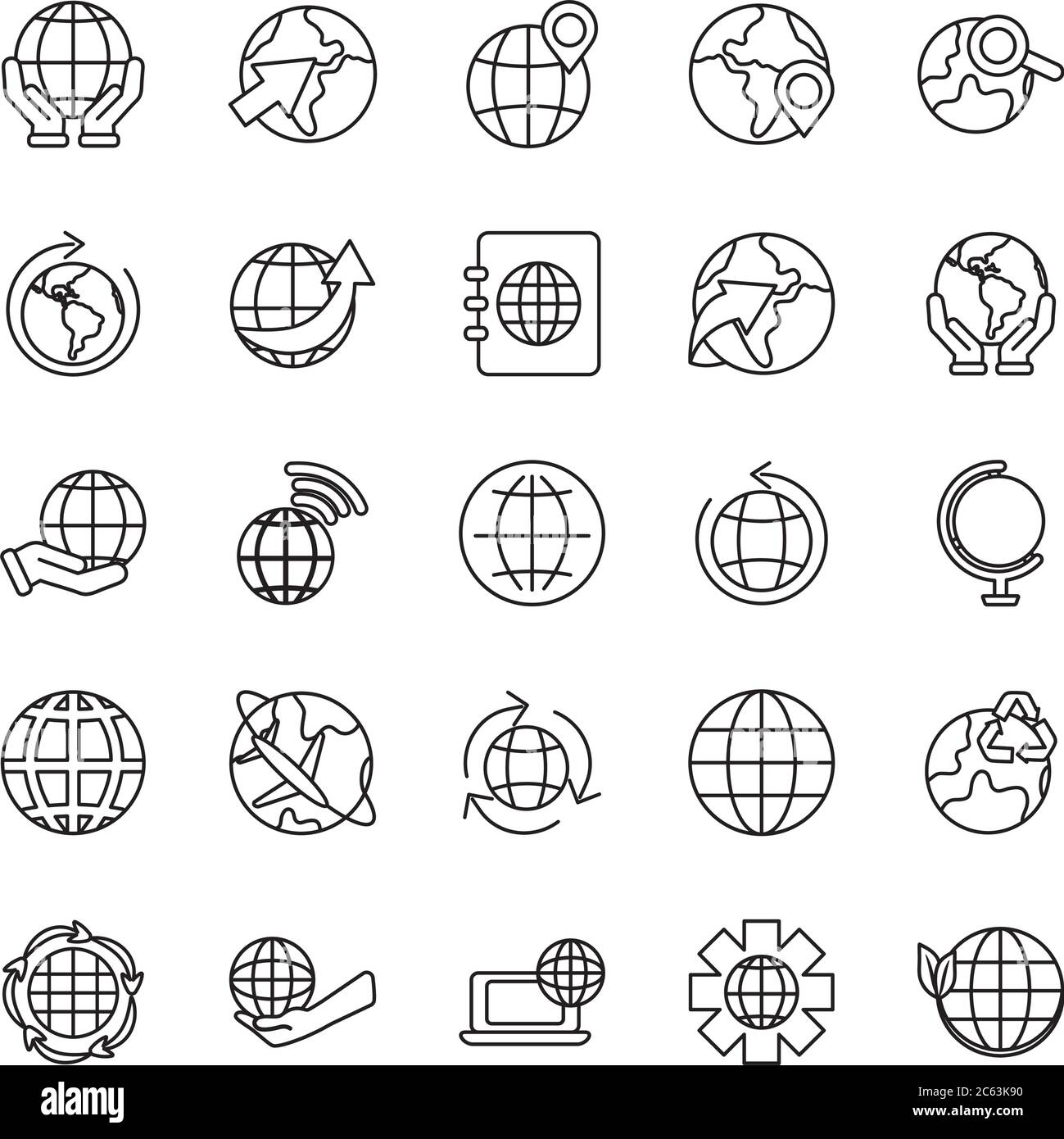 laptop computer and world icon set over white background, line style ...