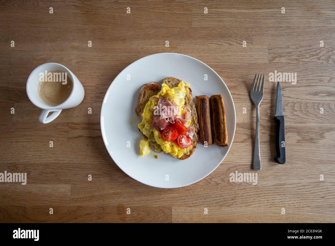 Birds eye view of a breakfast plate on the table Stock Photo - Alamy