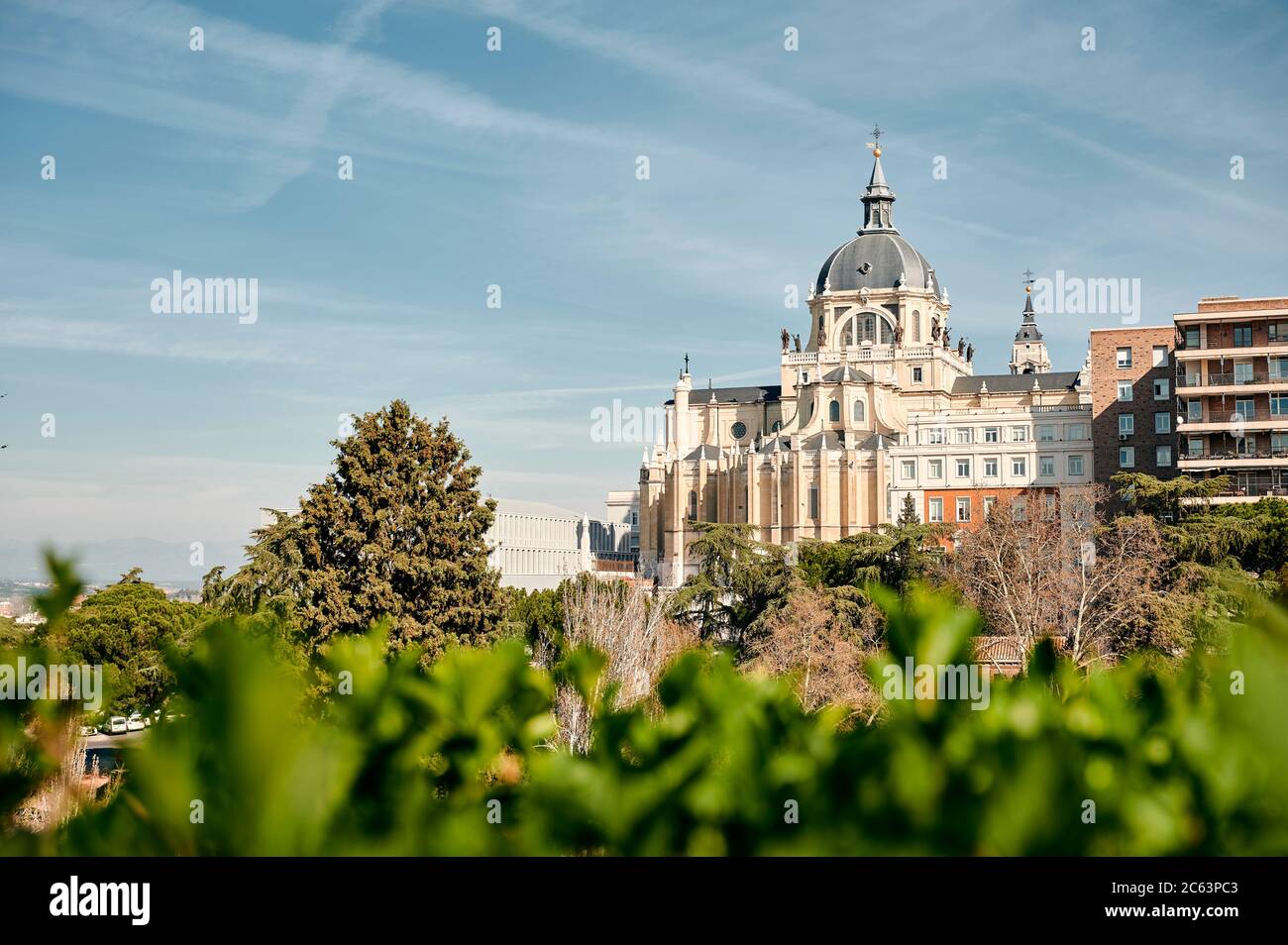 Spectacular scenery of old Catholic church on sunny day on background ...