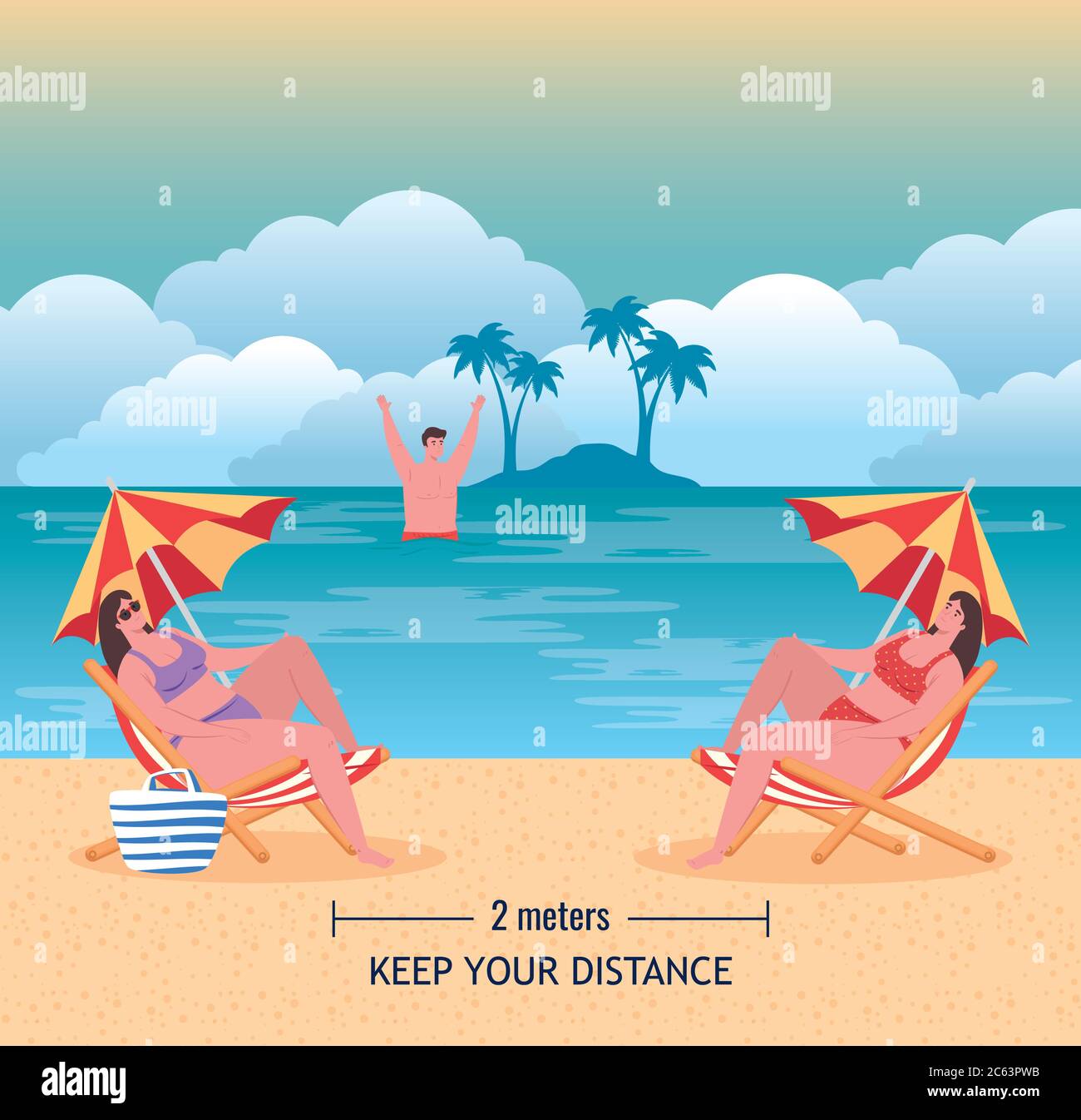 social distancing on the beach, young people keep distance two meters ...