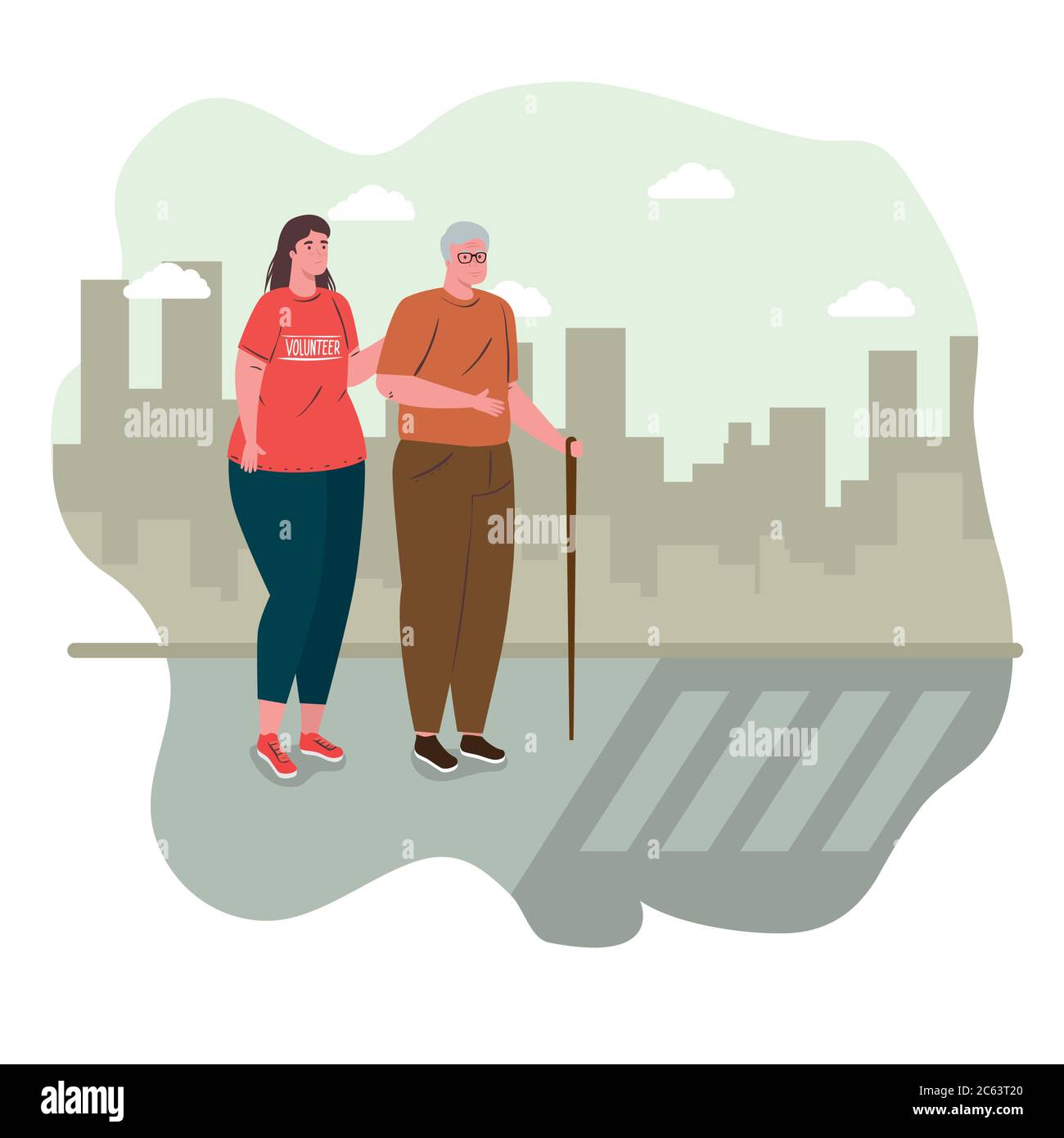 volunteer woman with old man helping cross the street, charity and ...