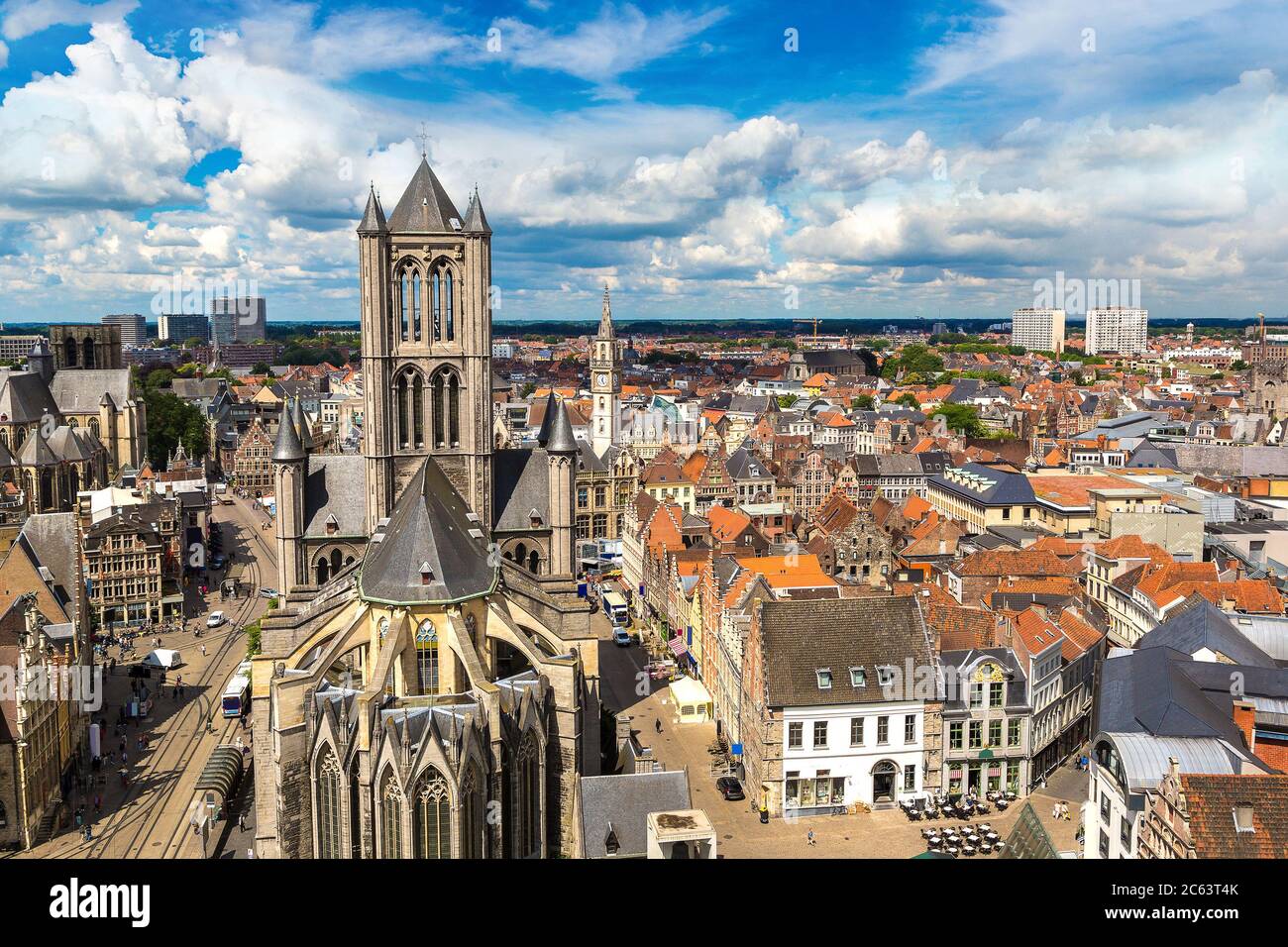 Panoramic view with Saint Nicholas Church in Gent in a beautiful summer ...