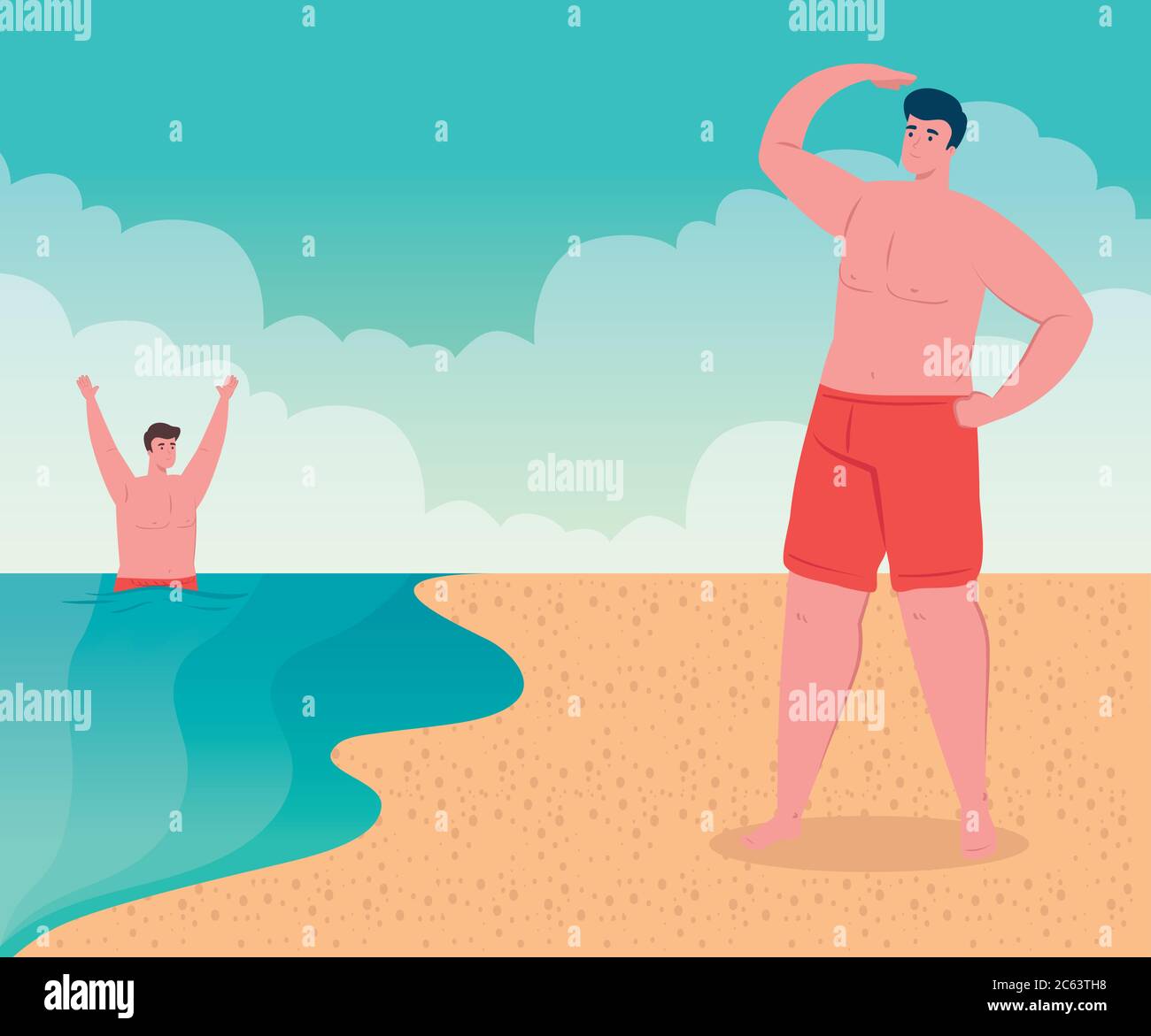 beach with men, group men on the beach, summer vacations and tourism ...