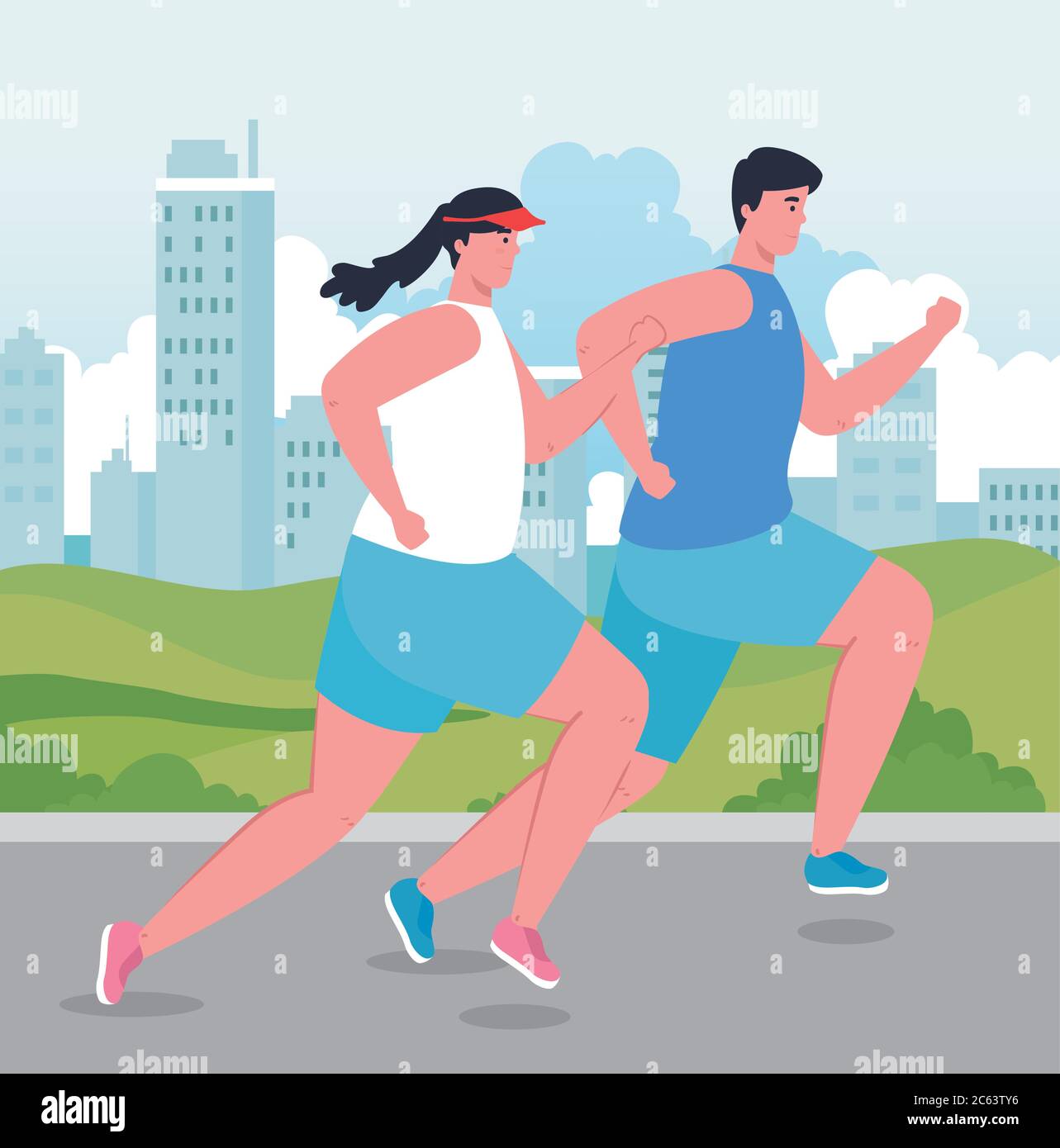 couple marathoners running sportive, woman and man run competition or ...