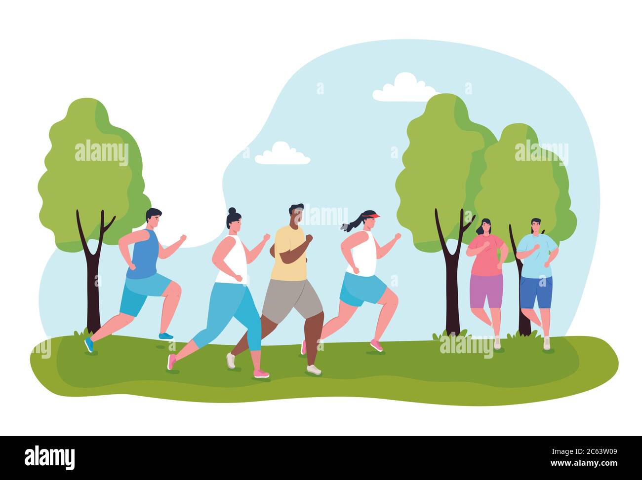 young people marathoners running sportive, women and men, run ...