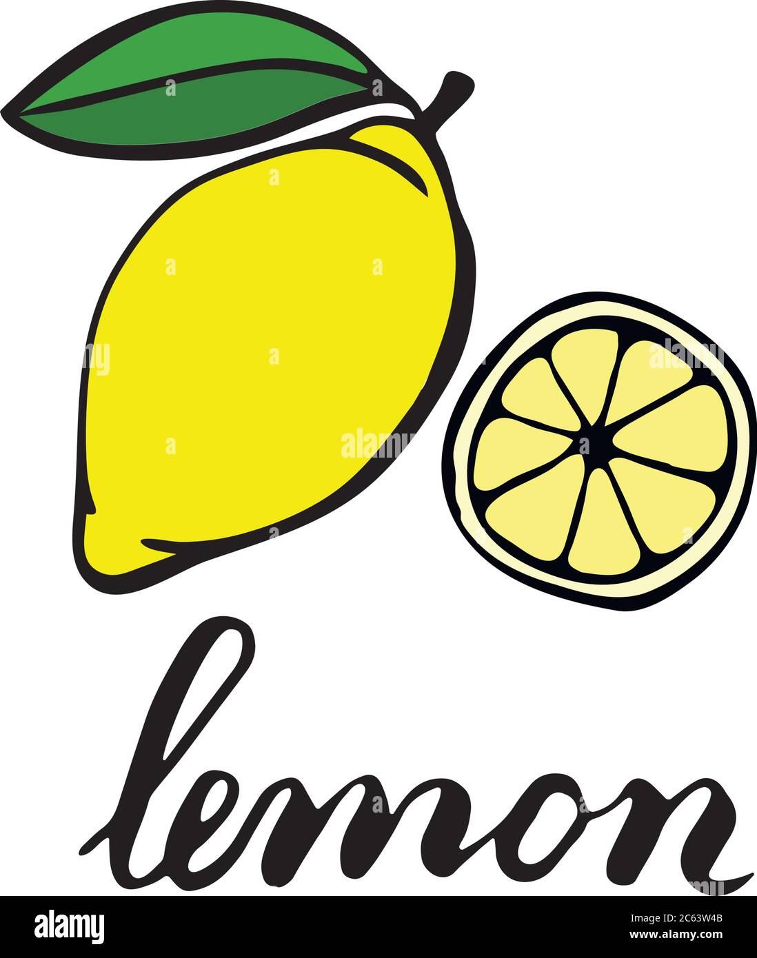 Yellow ripe lemon with one green leaf. Half a citrus in section ...