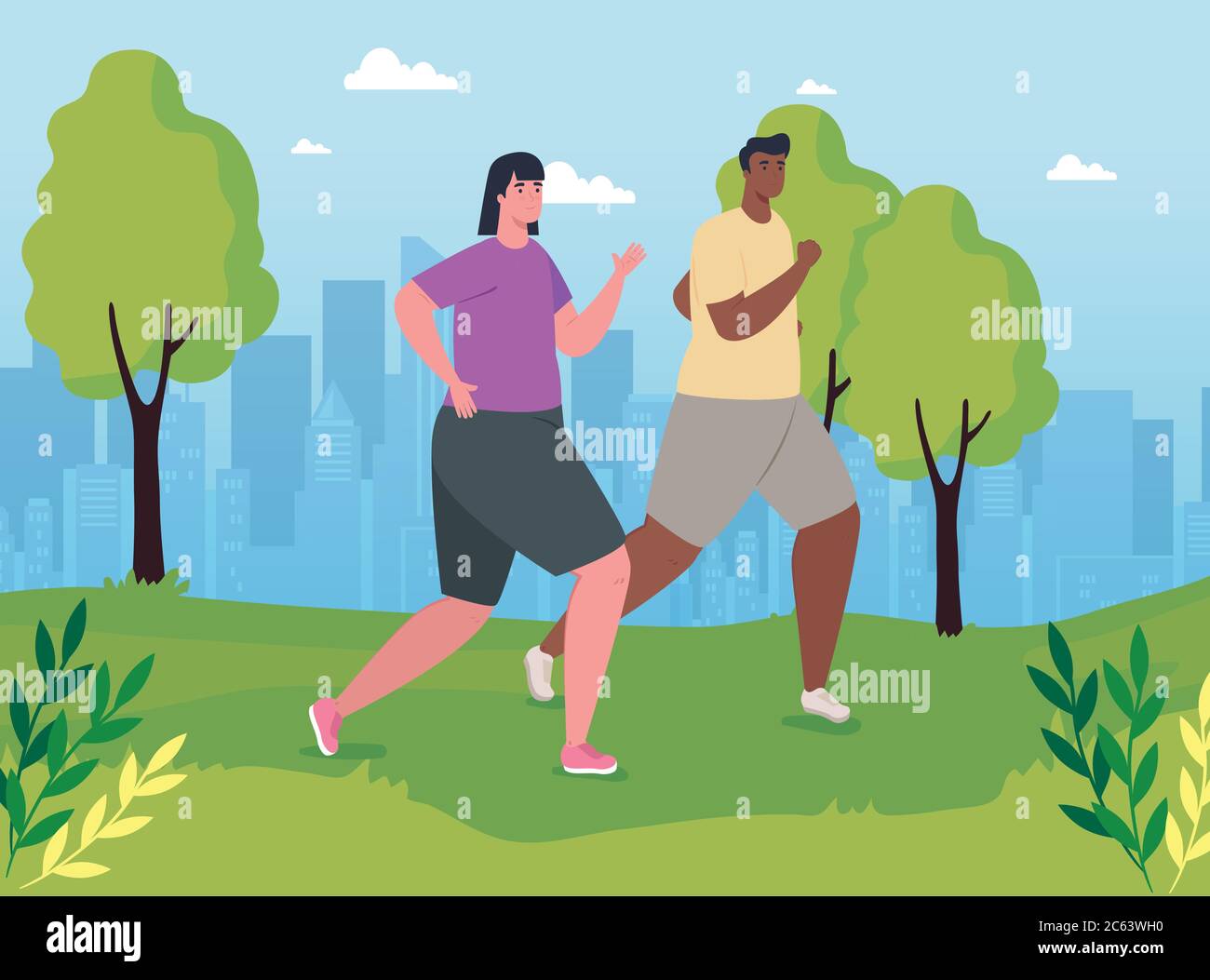 couple marathoners running in park, woman and man run competition or ...