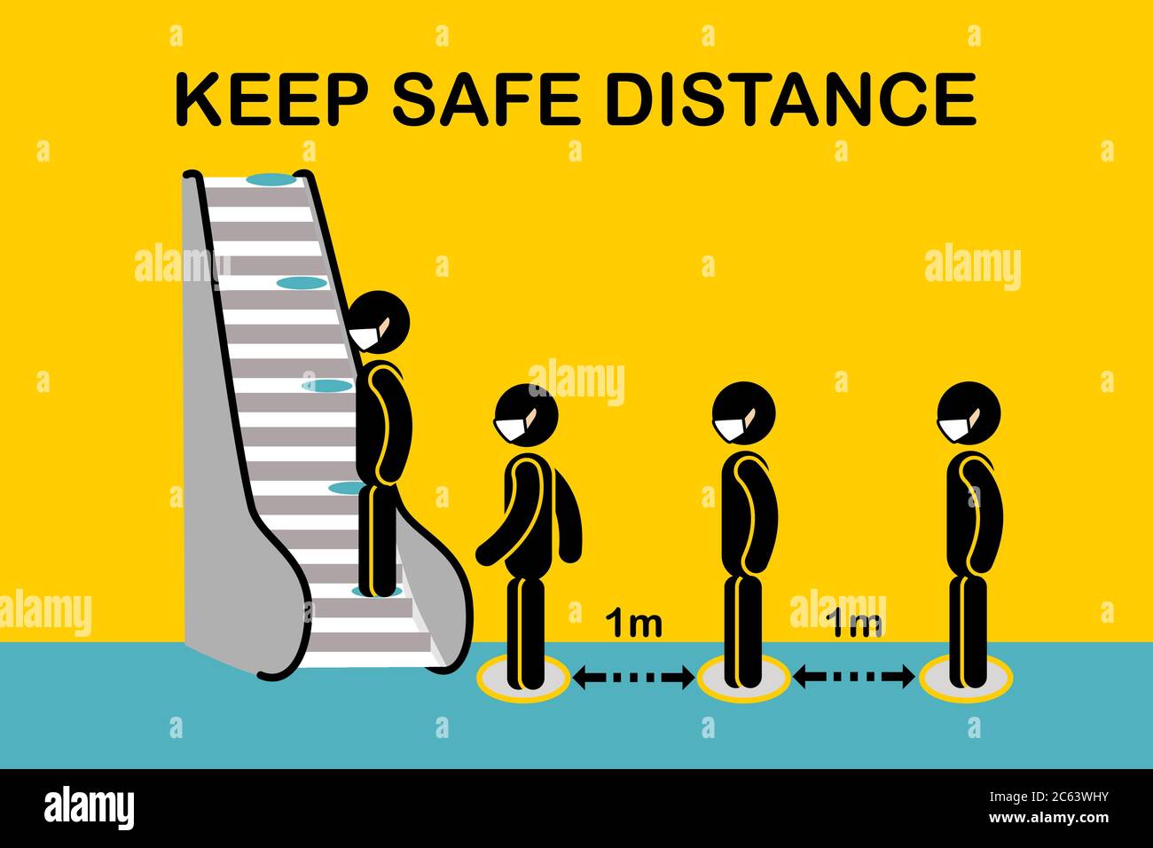 People keep 2 step distance on escalator.Icon new normal and Social ...