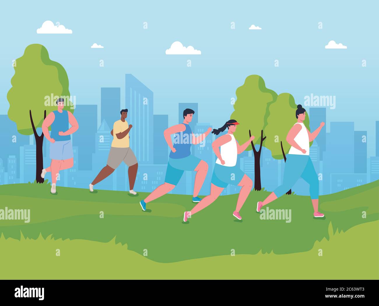 young people marathoners running in the park, women and men, run ...