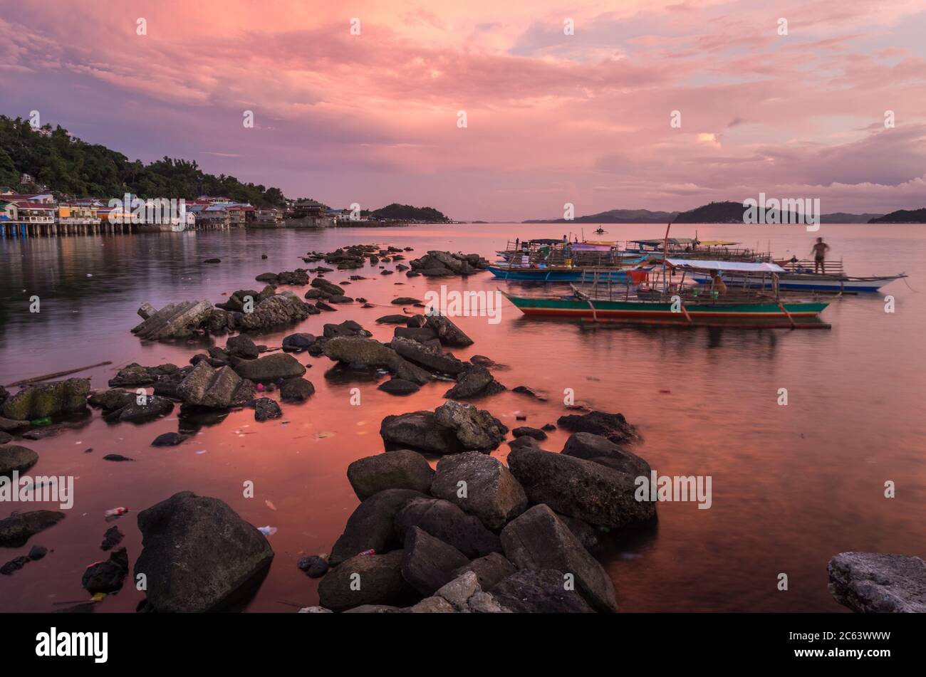 Sunset at Catbalogan fishing village, Samar Island, Philippines Stock ...
