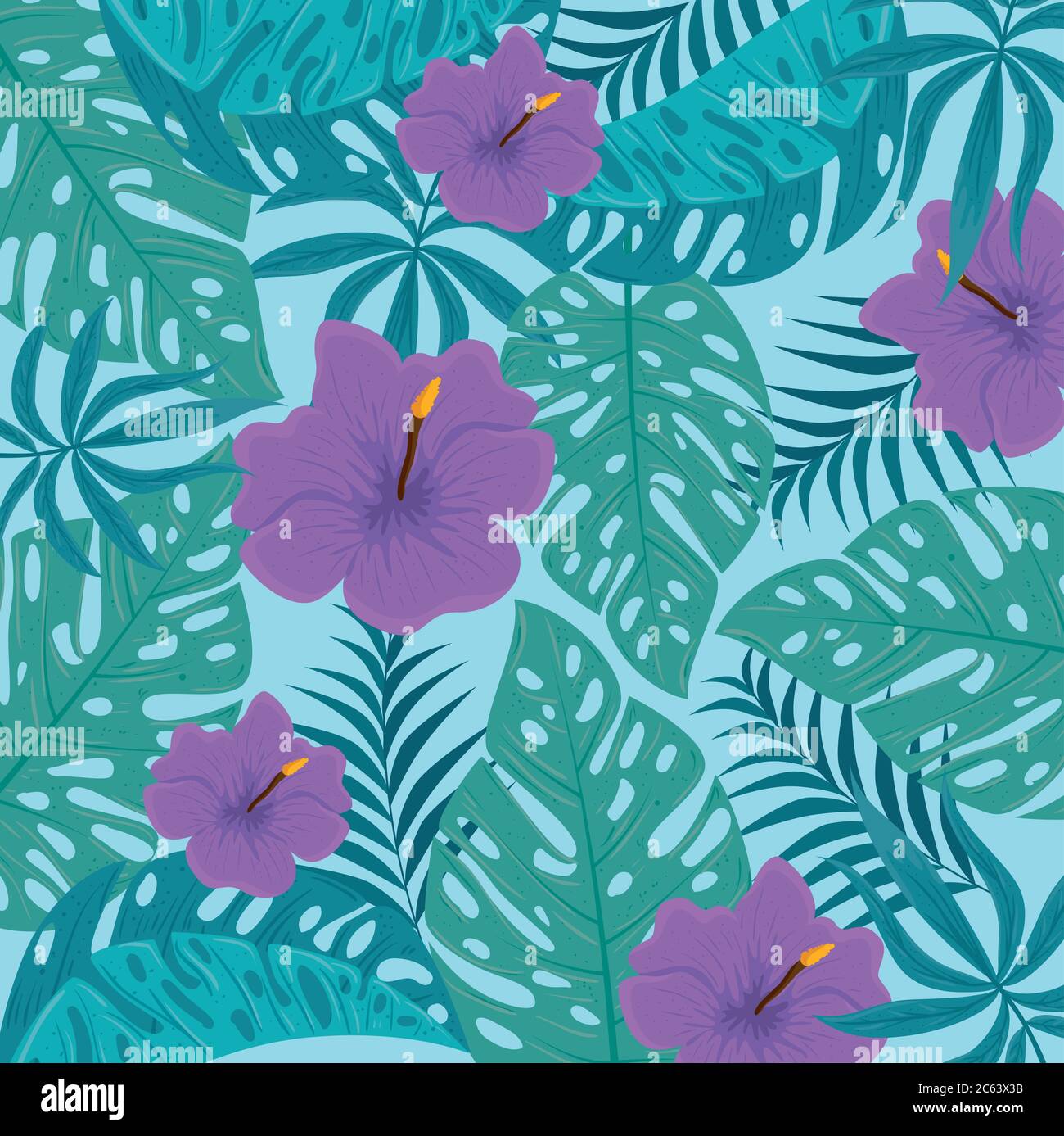tropical background, flowers purple color and tropical plants ...