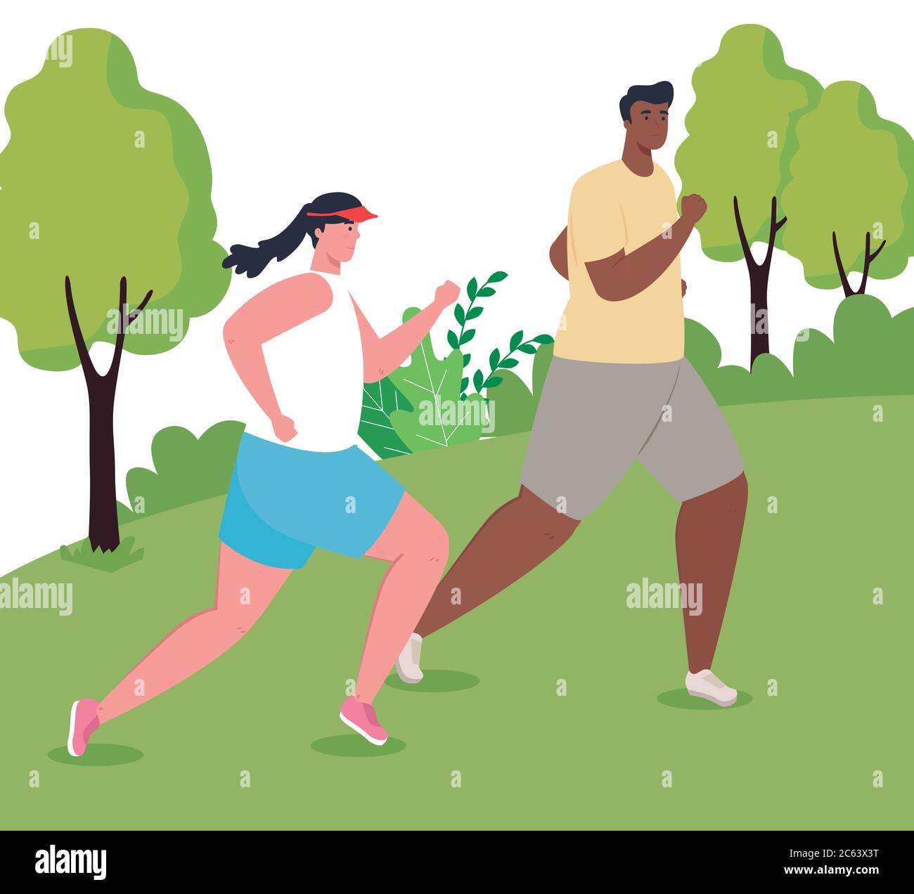 couple marathoners running in park, woman and man run competition or ...