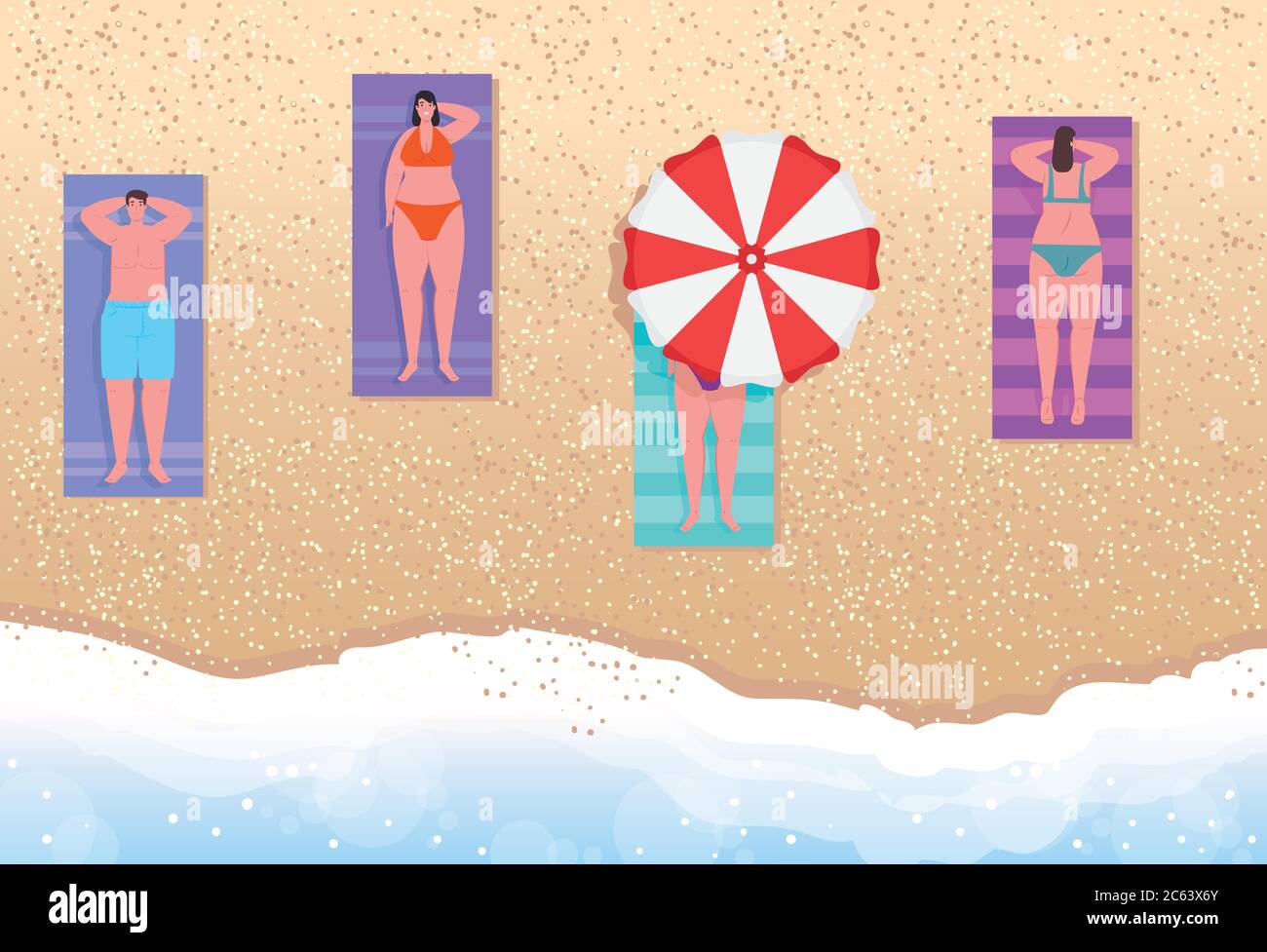 view aerial, people on the beach, women and man sunbathing on the beach ...