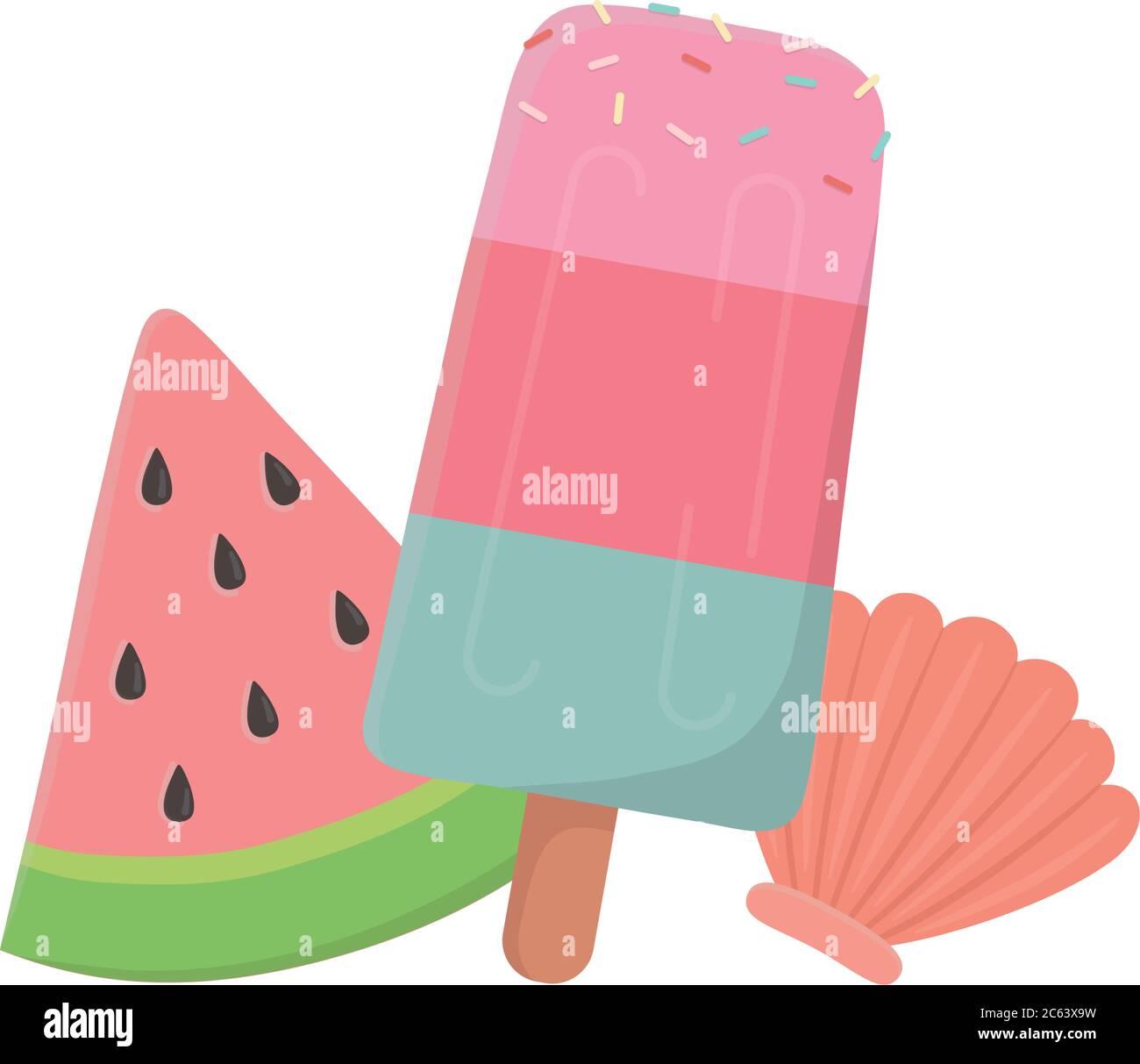 summer travel and vacation beach ice cream watermelon and shell ...