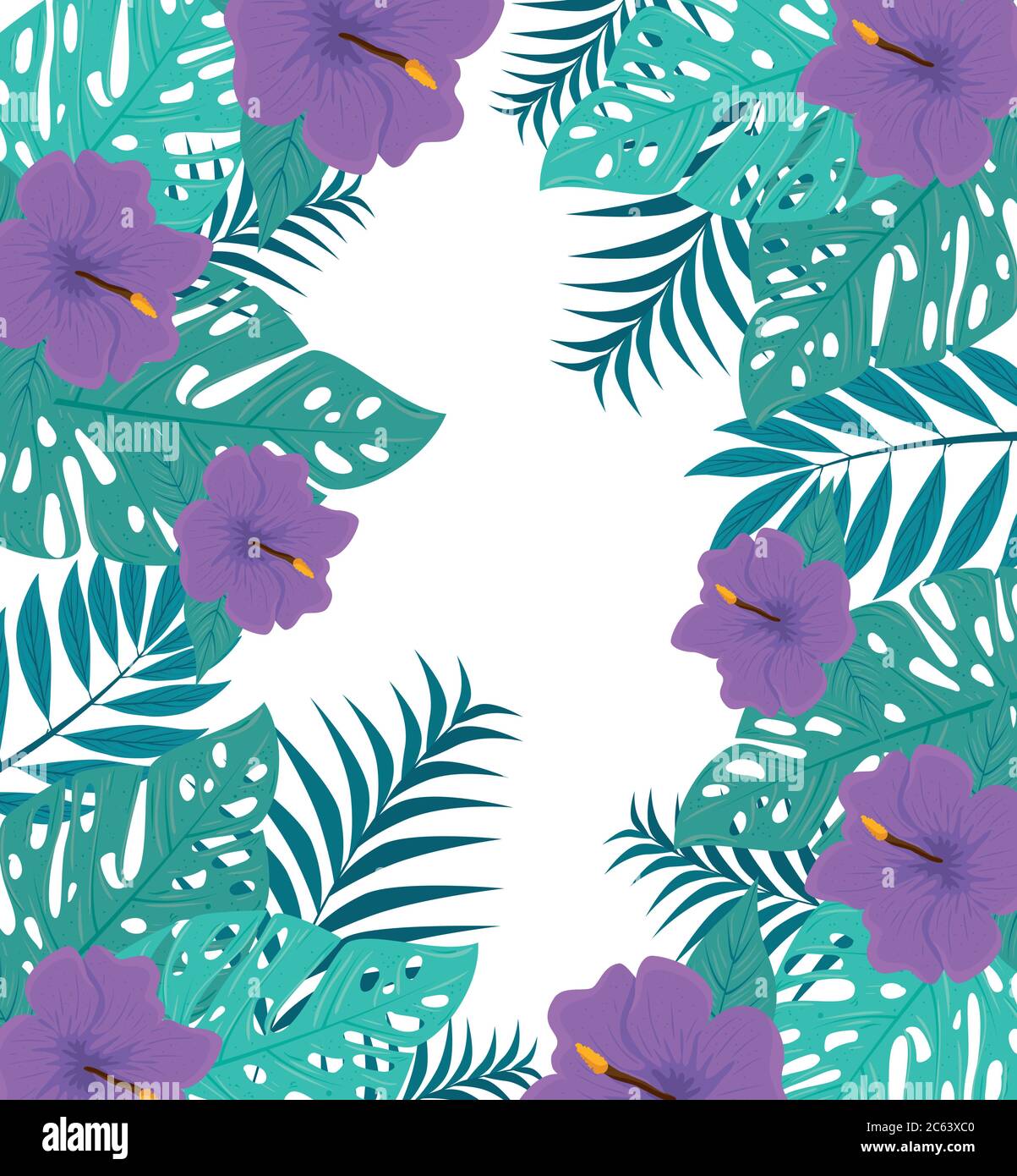 tropical background with flowers purple color and tropical plants ...