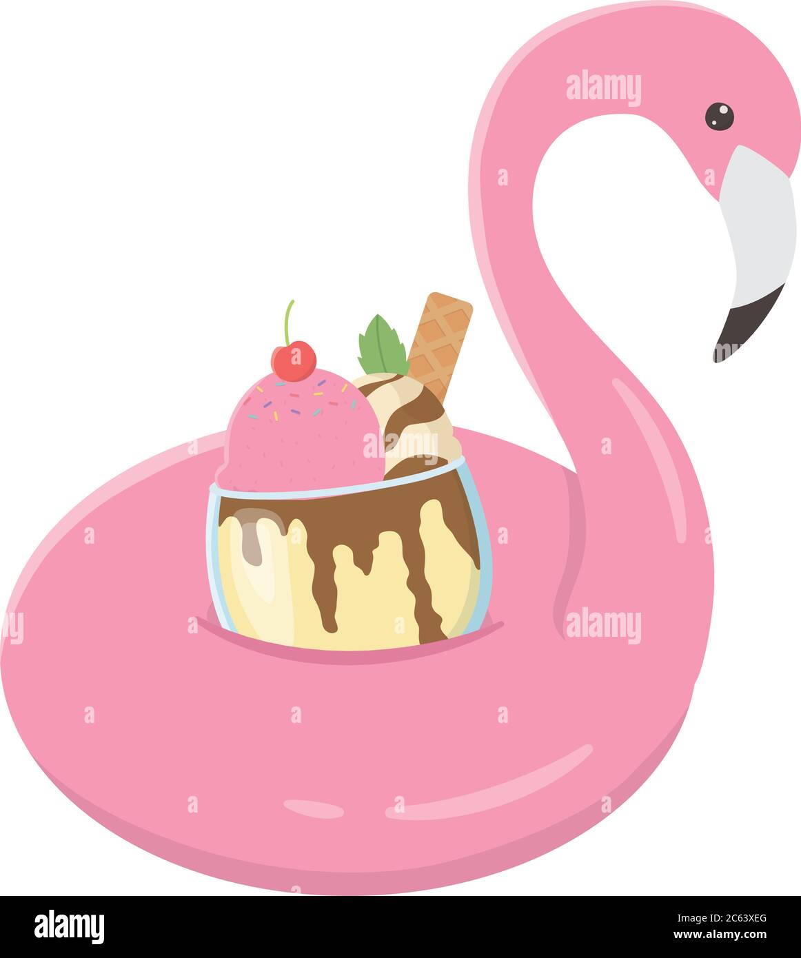 summer travel and vacation flamingo float with ice cream isolated ...