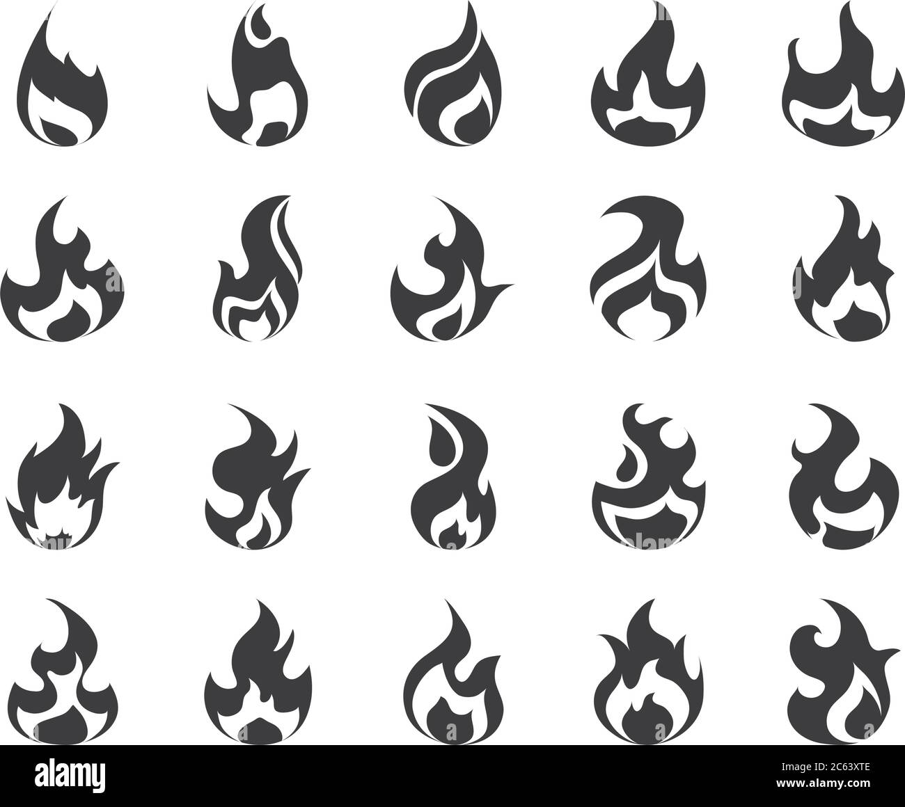 fire flame burning hot glow flat design icons set white background ...