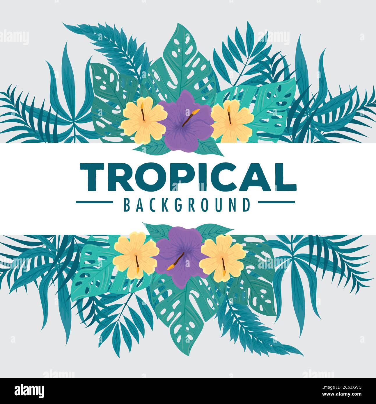 tropical background, flowers yellow and purple colors, branches and ...