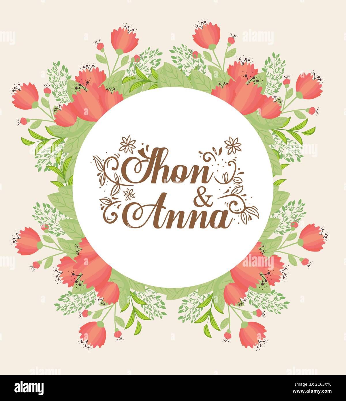 greeting card with frame circular of flowers red color, wedding ...