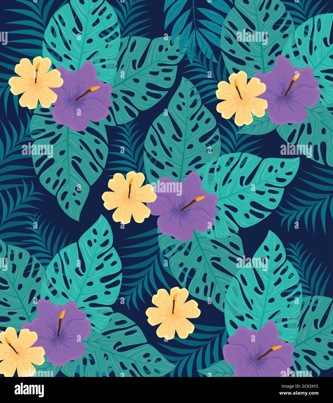 tropical background, flowers purple and yellow colors with tropical ...