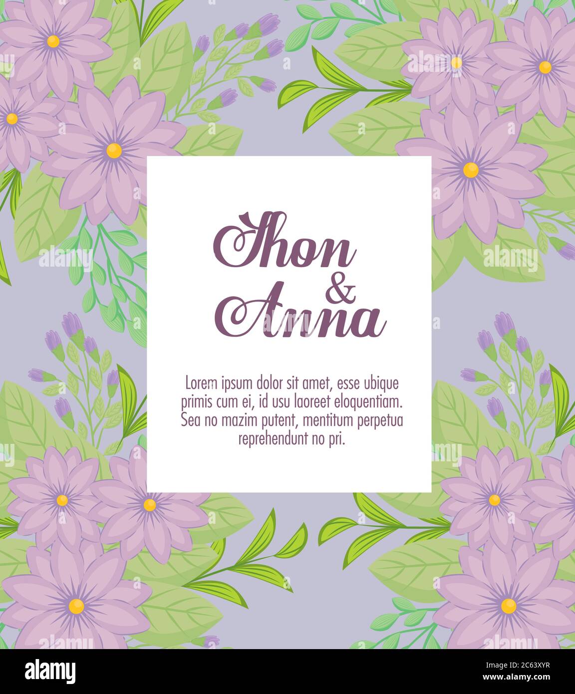 greeting card with flowers purple color, wedding invitation with ...