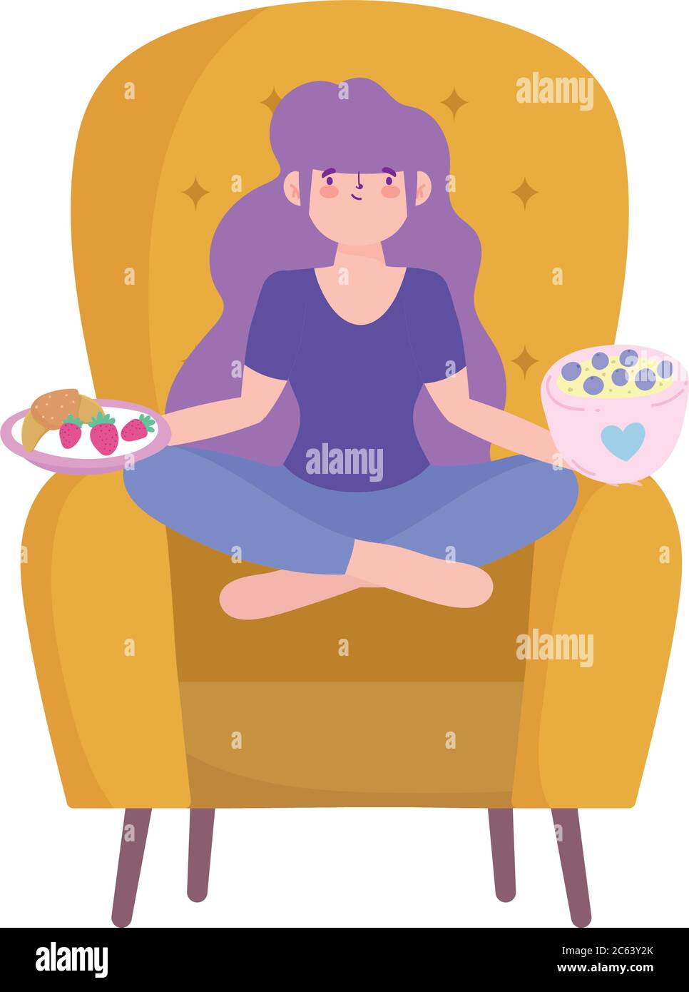 stay at home, girl sitting on chair with food in hands cartoon ...