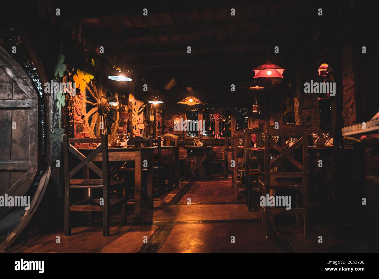 Interior of a beautiful and cozy irish pub, full of drinks, beers and ...