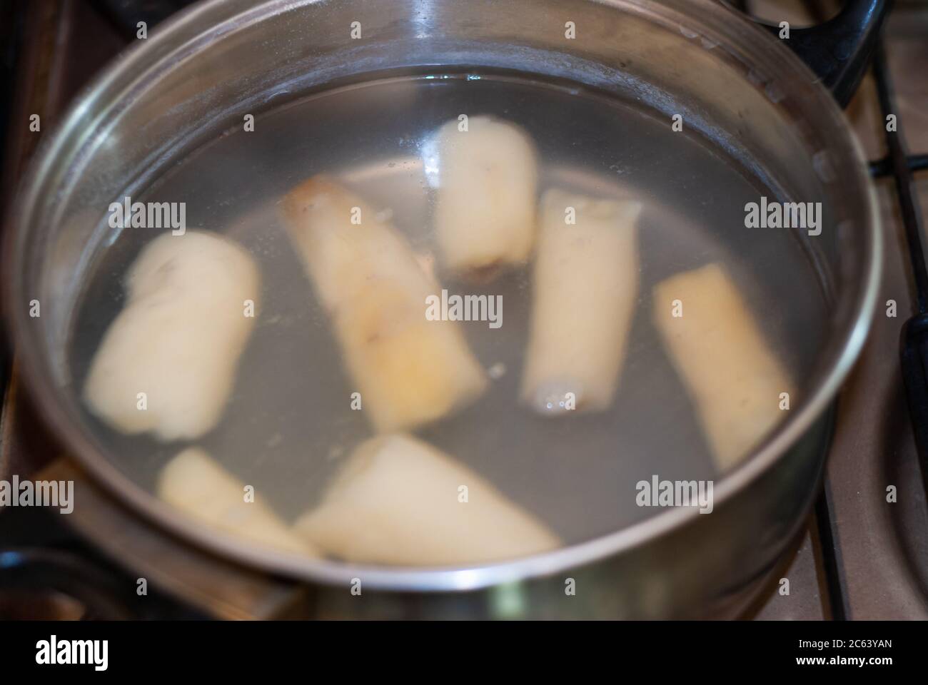 cooking cassava in a pot with boiling water, Manihot esculenta. Cassava ...
